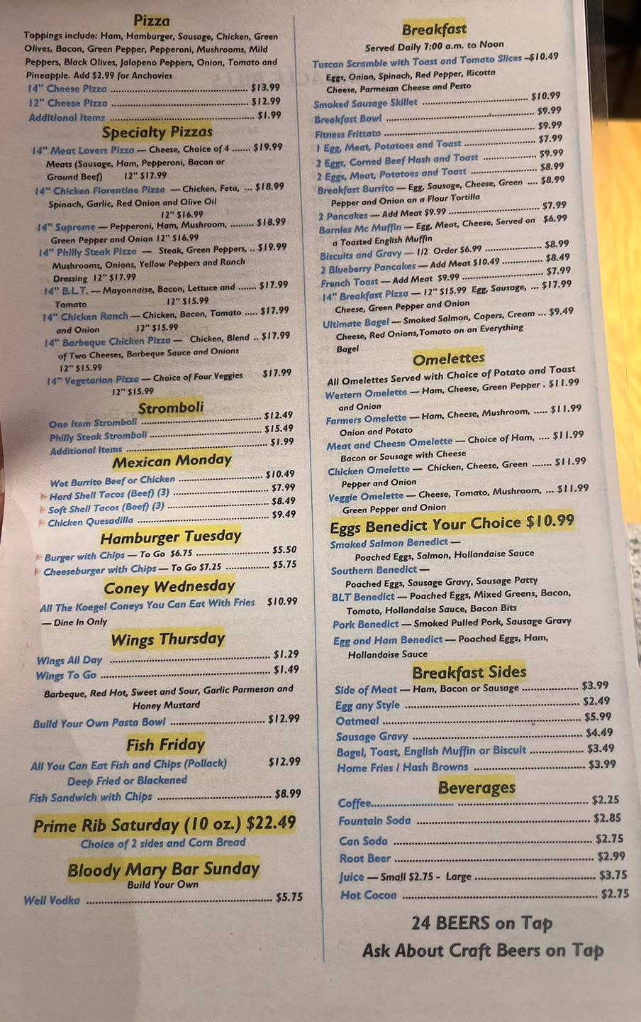 Menu at Barnacle Bill's, East Tawas
