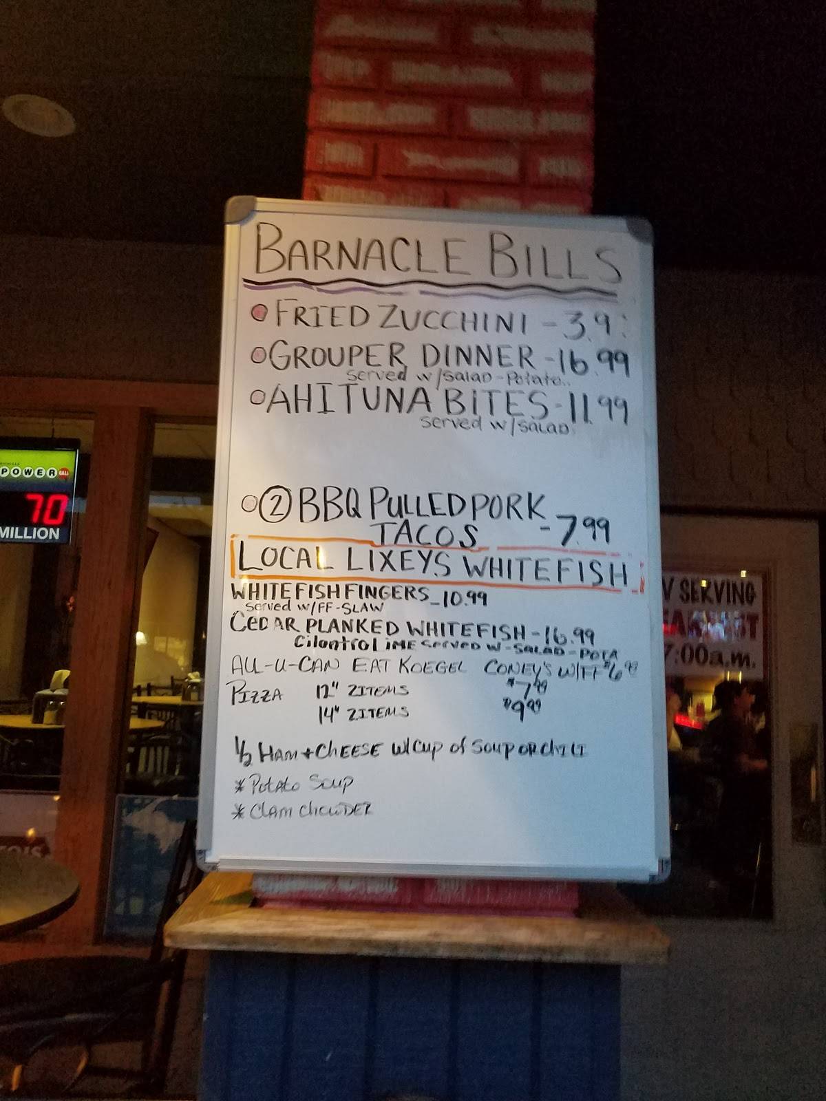 Menu at Barnacle Bill's, East Tawas