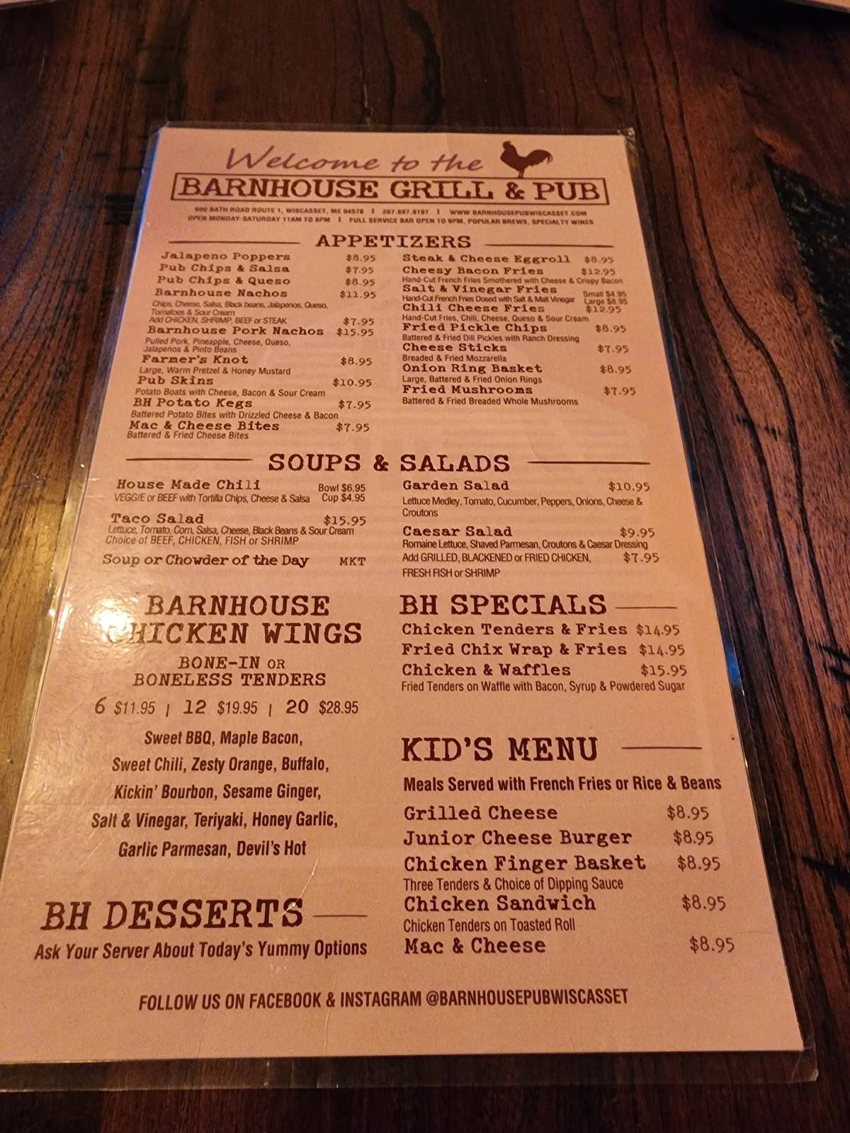 Menu at Barnhouse Grill & Pub Wiscasset, Wiscasset