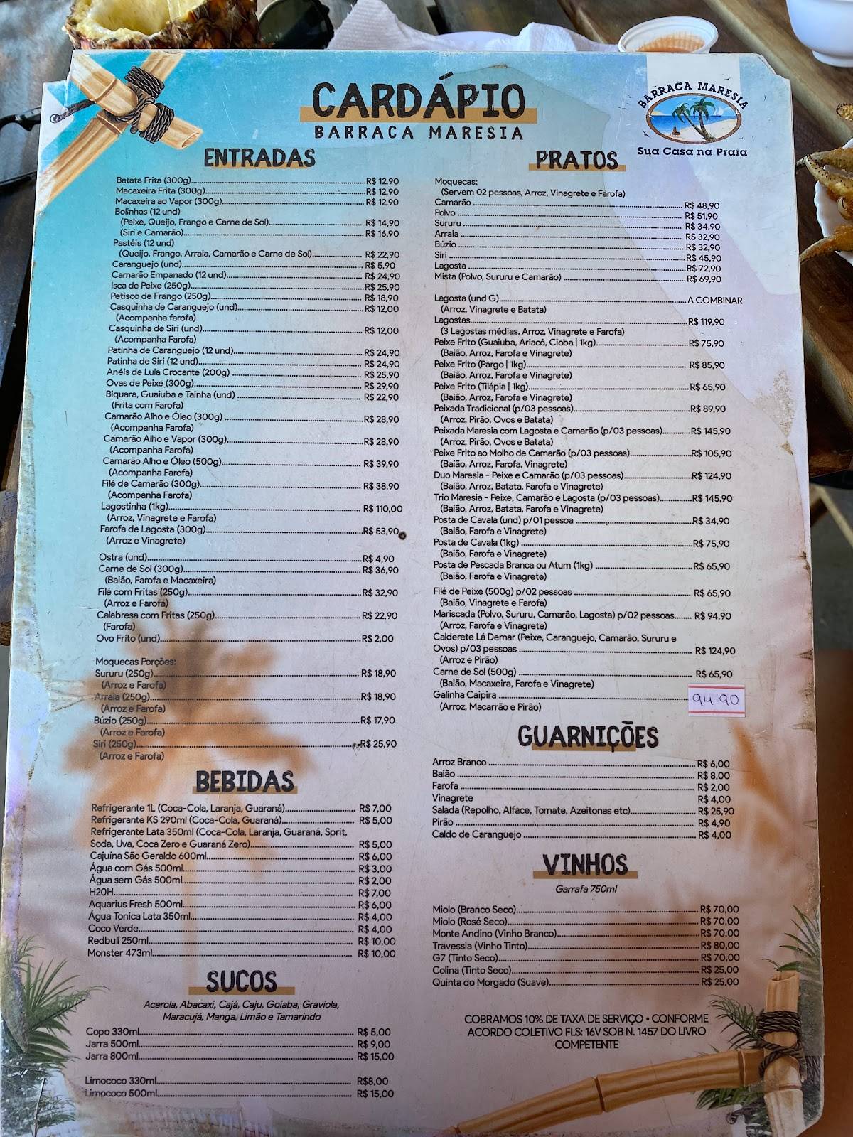 Menu em Barraca Maresia, Brasil, R. Ernestina Pereira