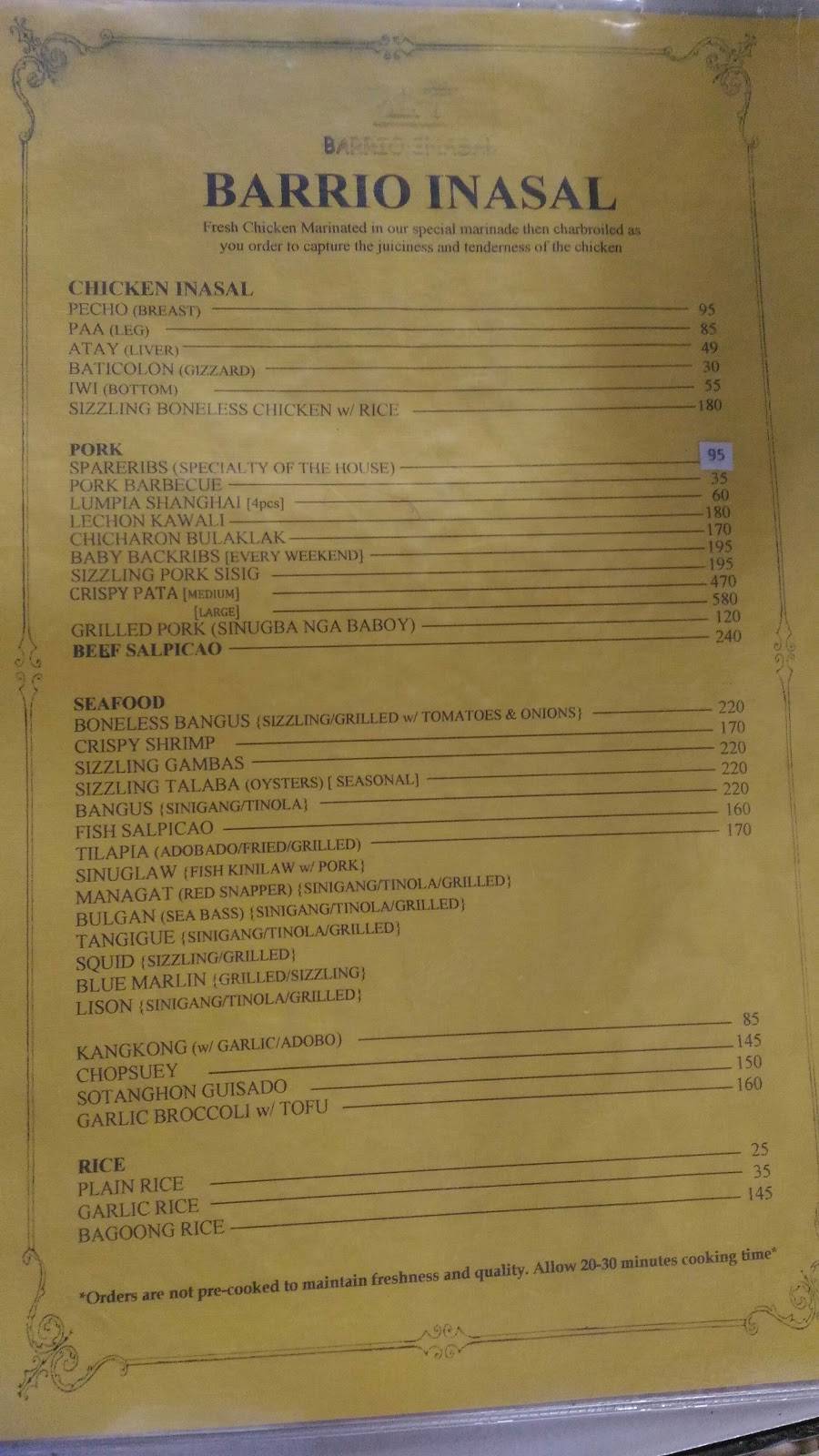 Menu at Barrio Inasal, Iloilo City, Aurora Subdivision