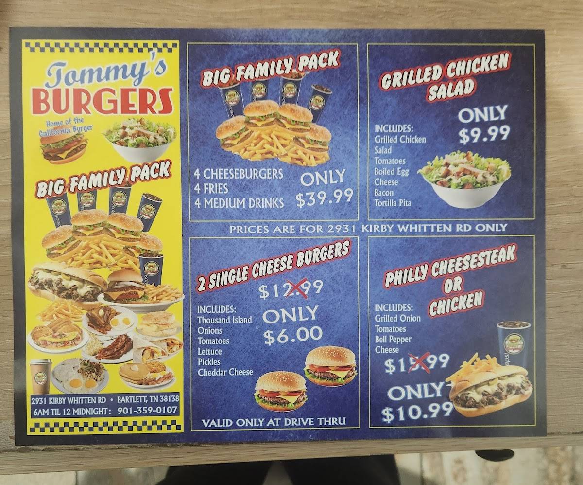 Menu at Tommys burgers california style fast food, Bartlett