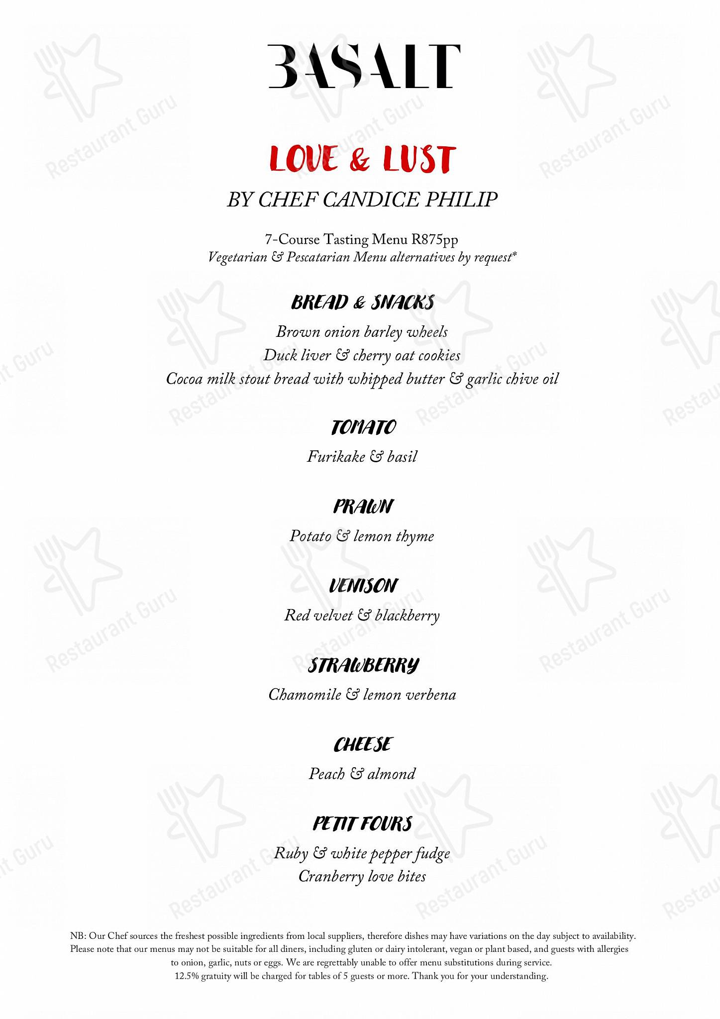 Menu at Basalt Restaurant, Johannesburg