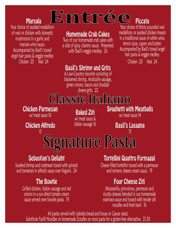 Menu at Basil's Restaurant & Pizzeria, Greenville