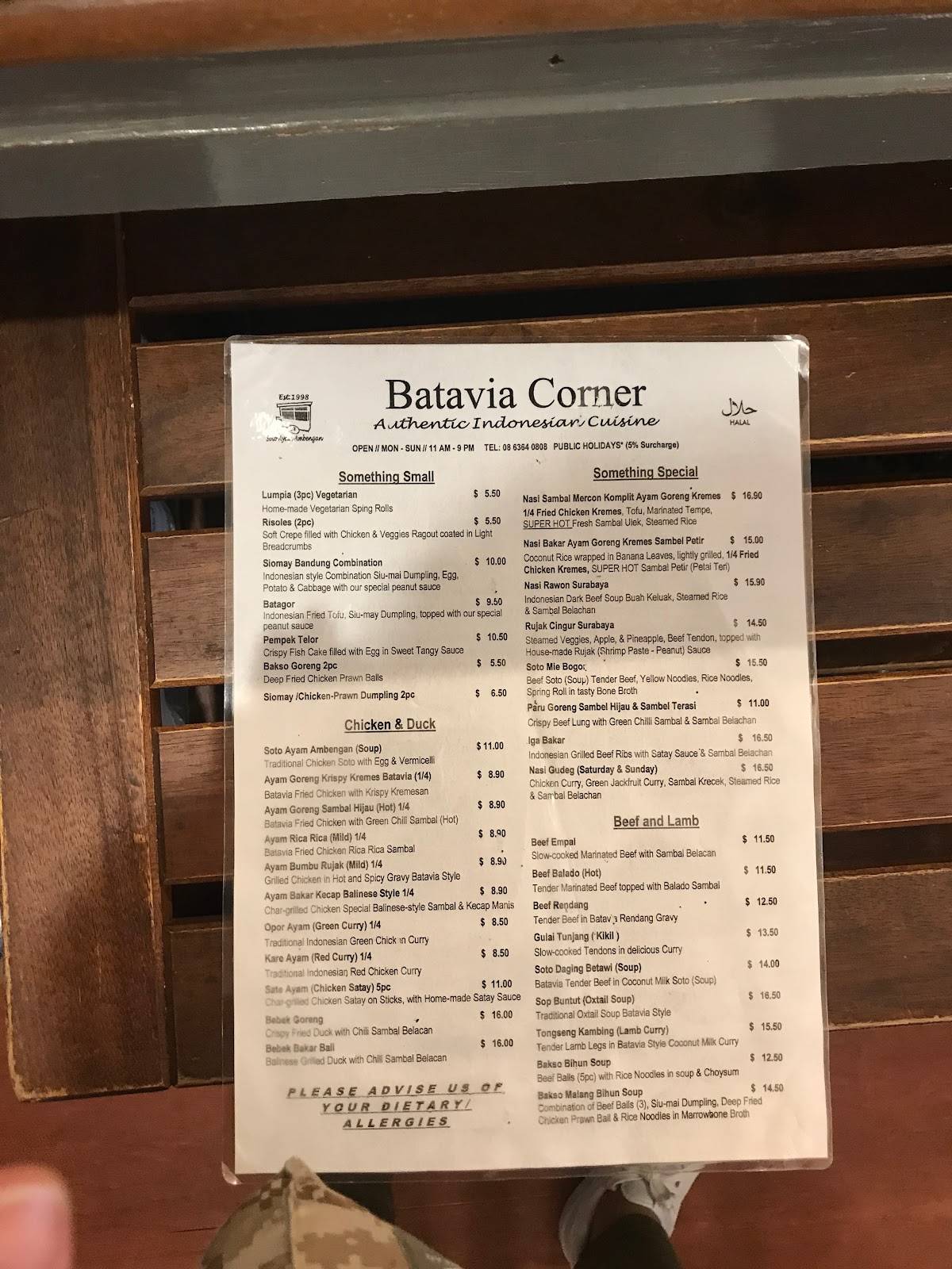 Menu at Batavia Corner restaurant, East Victoria Park