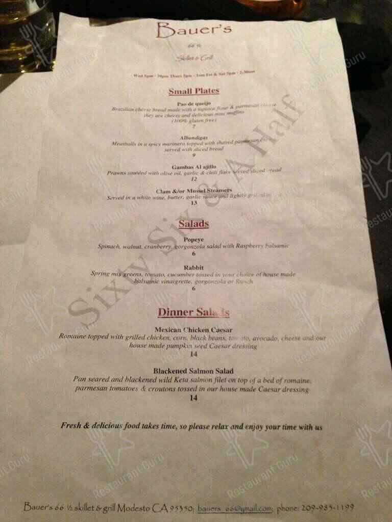 Menu at Bauer's Skillet & Grill restaurant, Modesto