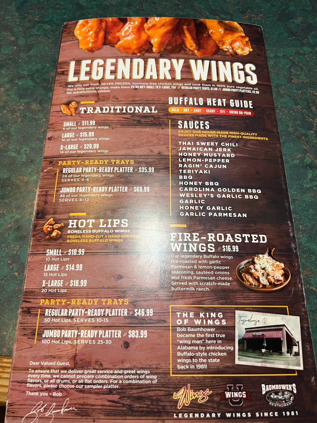 Menu at Baumhower's Victory Grille pub & bar, Montgomery