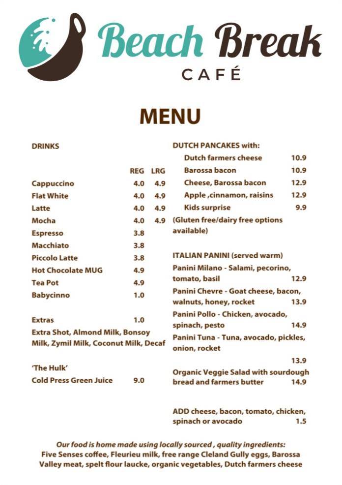 Menu at Beach Break Café cafe, West Beach