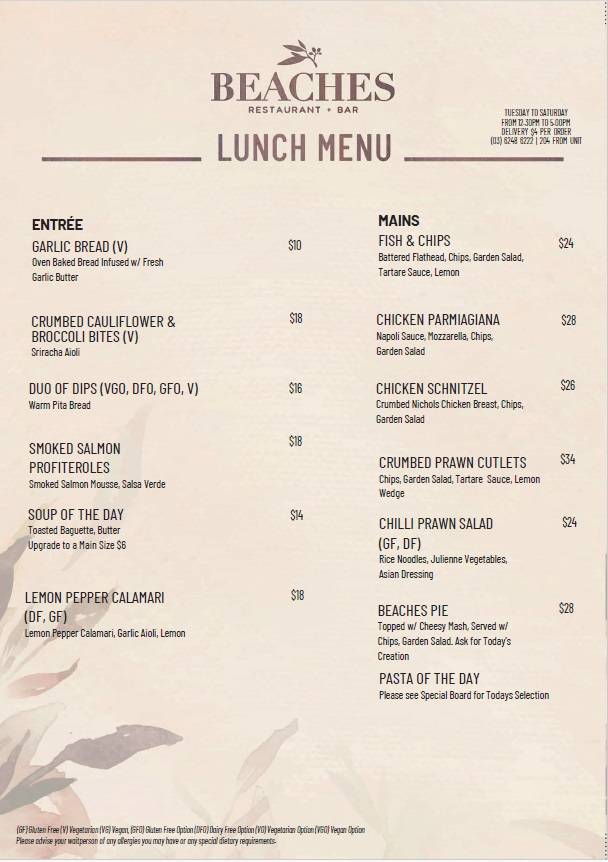 Menu at Beaches Restaurant & Bar, Seven Mile Beach