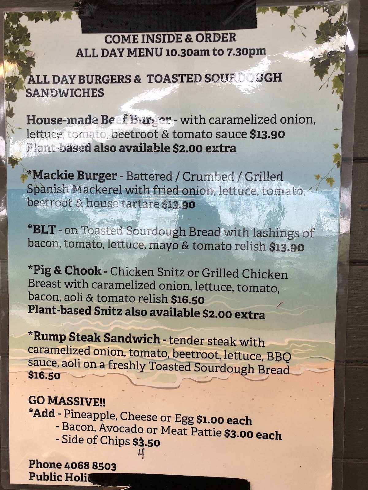 Menu at Beachy's With Tuskers cafe, South Mission Beach