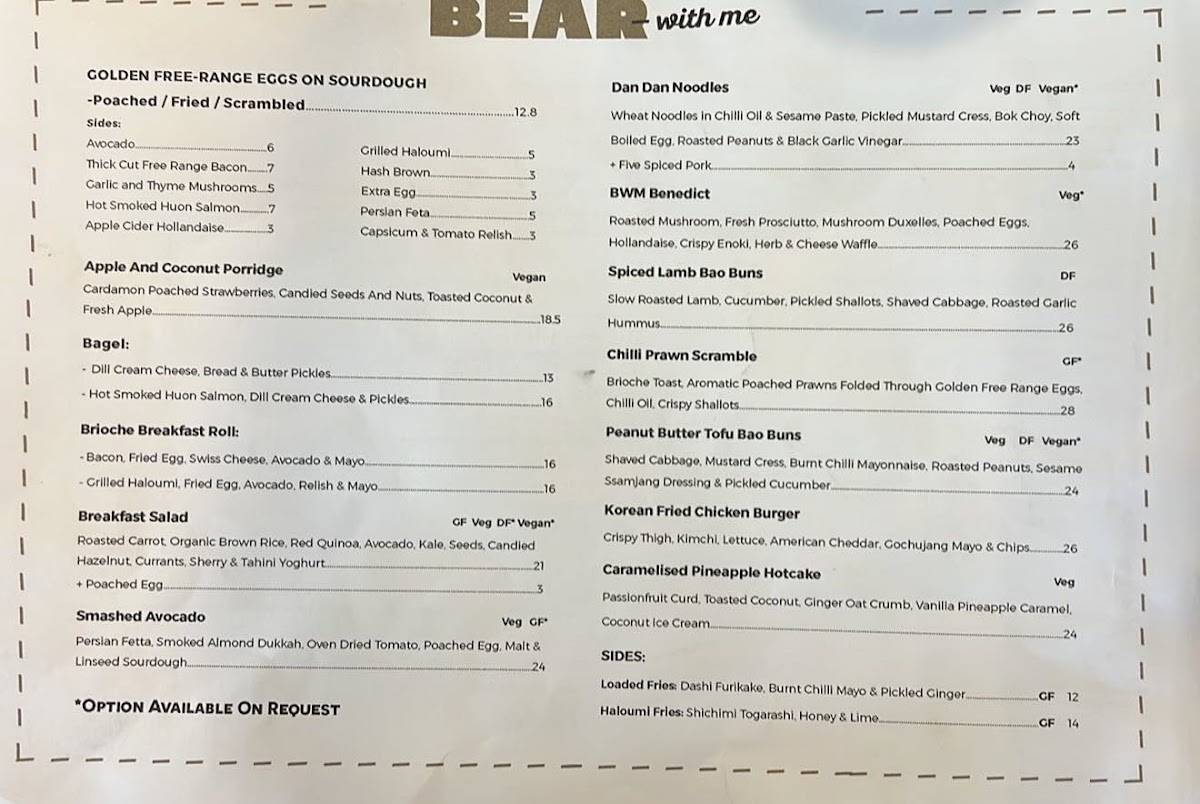 Menu at Bear With Me cafe, South Hobart