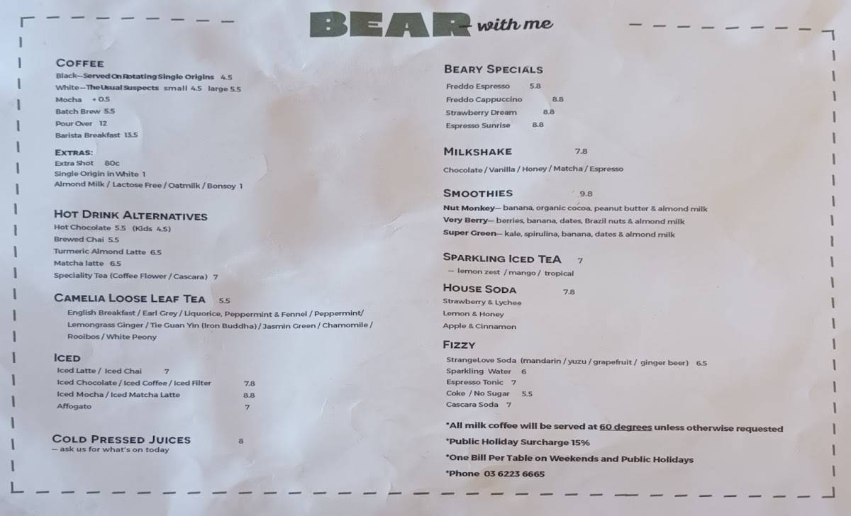 Menu at Bear With Me cafe, South Hobart
