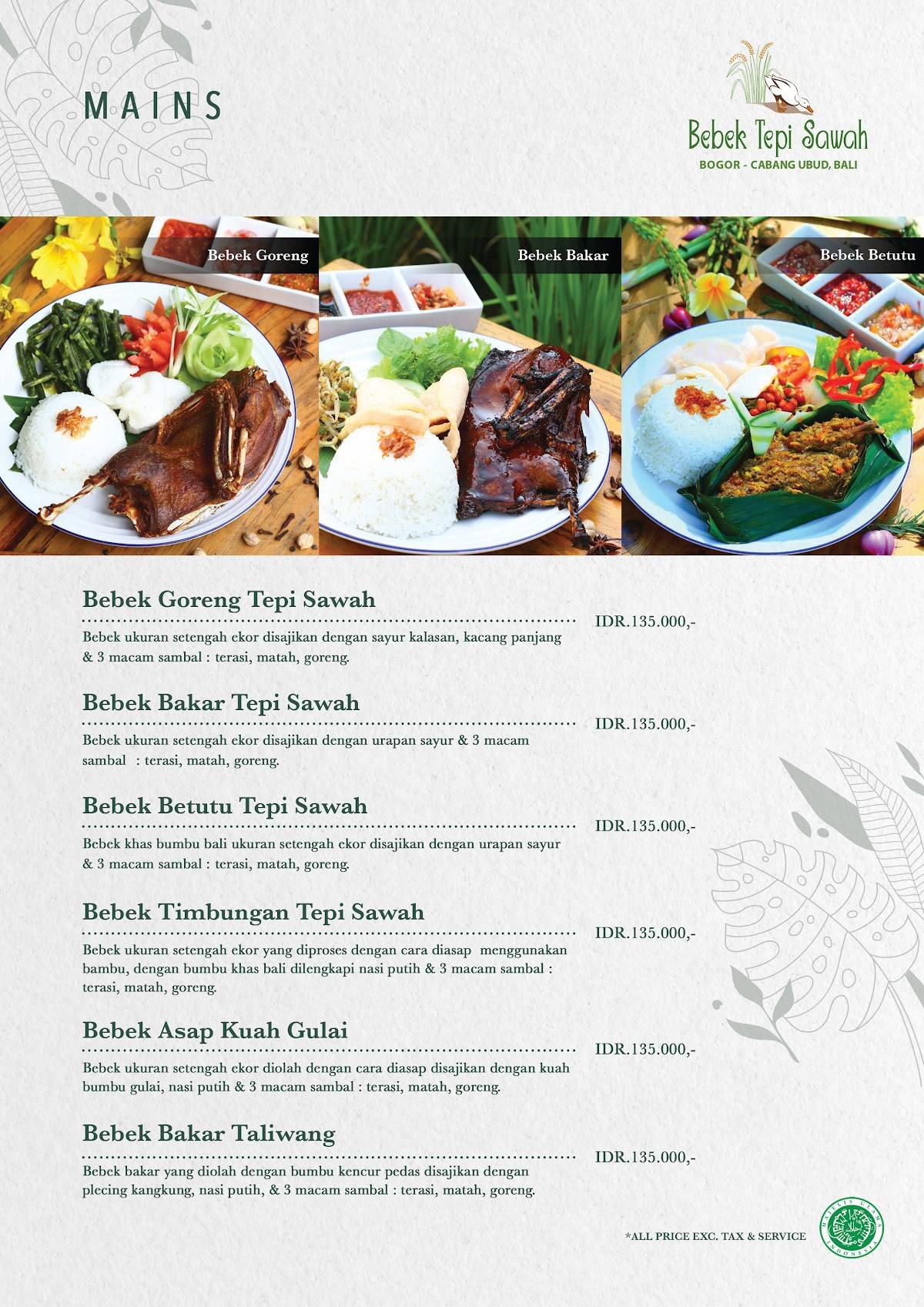 Menu at Bebek Tepi Sawah Bogor restaurant, Bogor