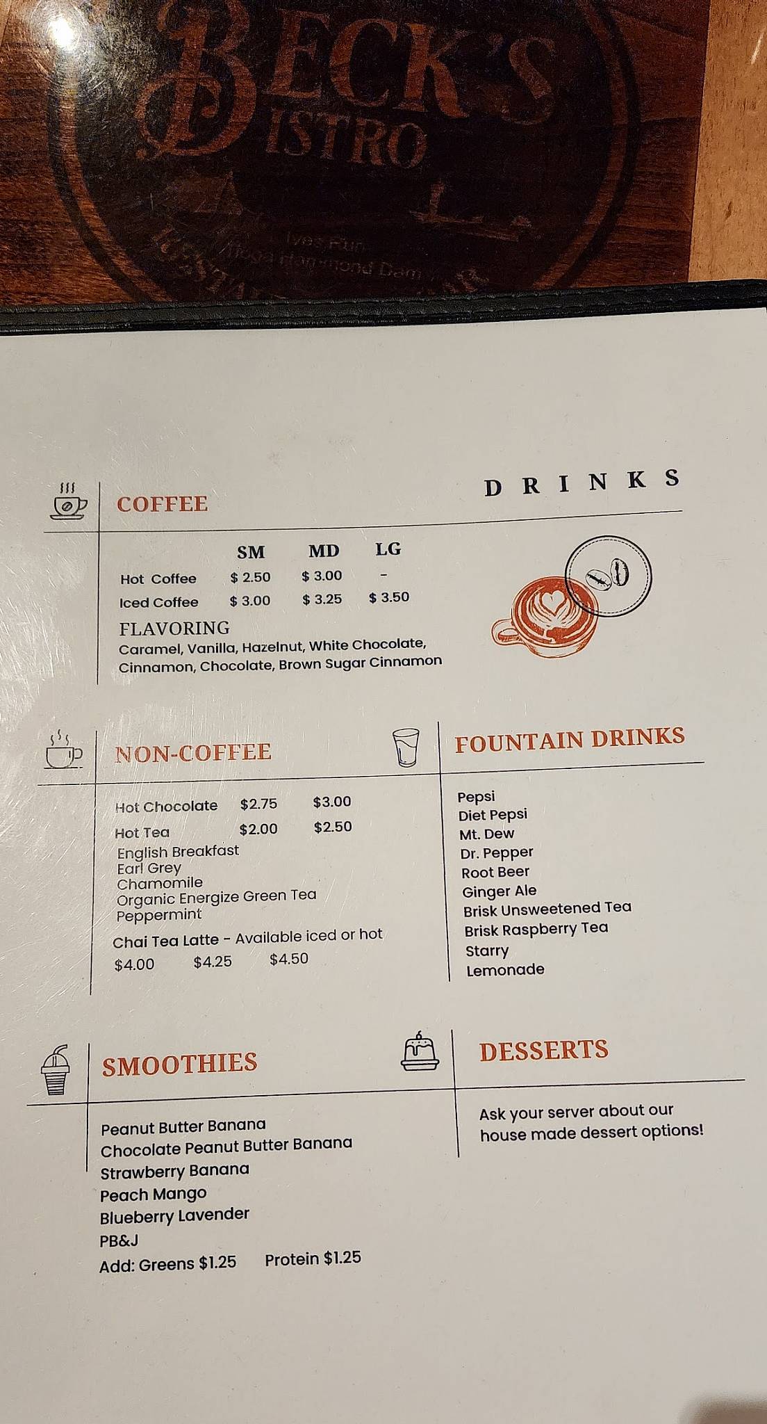Menu at Beck's Bistro restaurant, Wellsboro