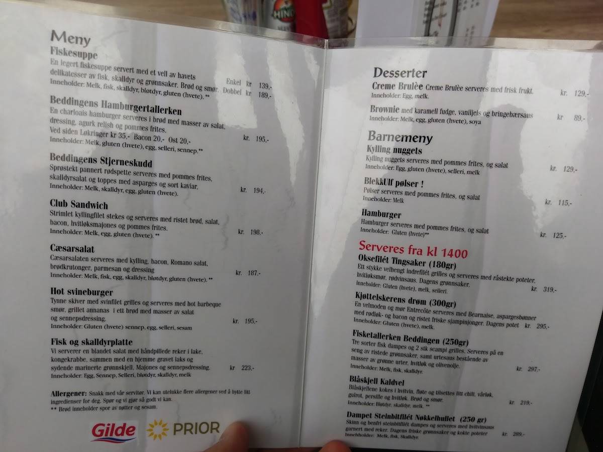 Menu at Beddingen Restaurant, Lillesand