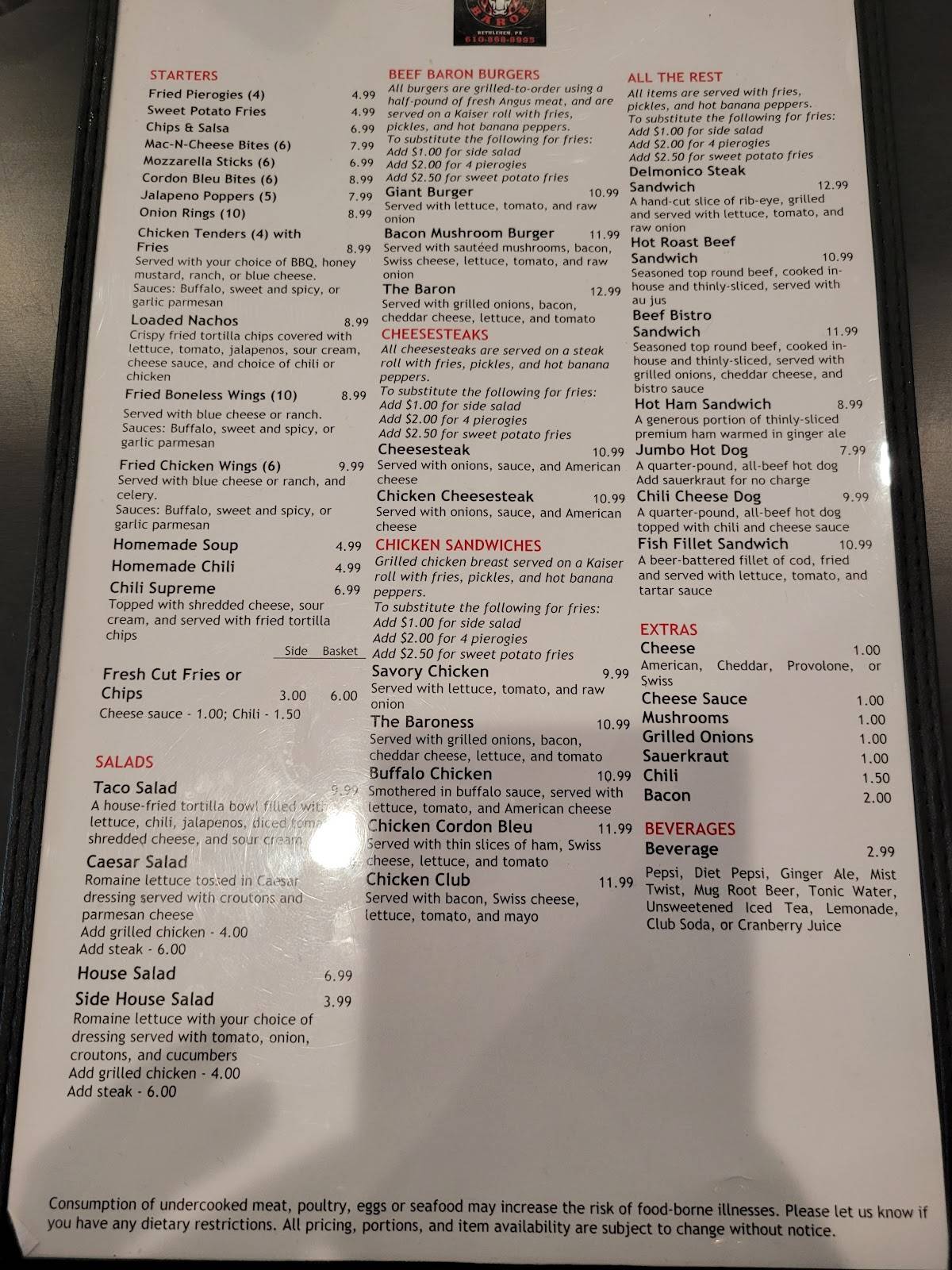 Menu at Beef Baron, Bethlehem