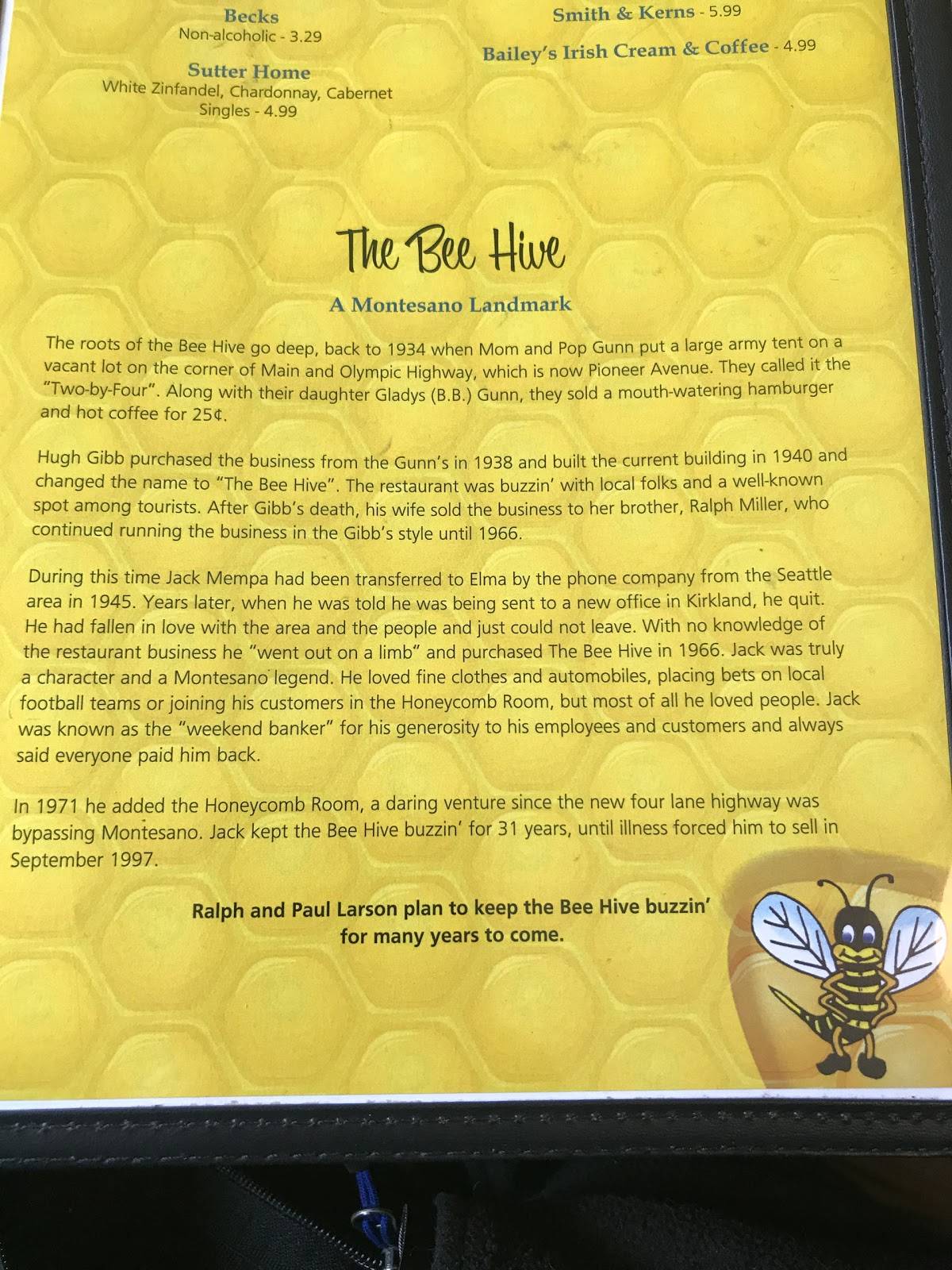 Menu at Beehive Restaurant, Montesano
