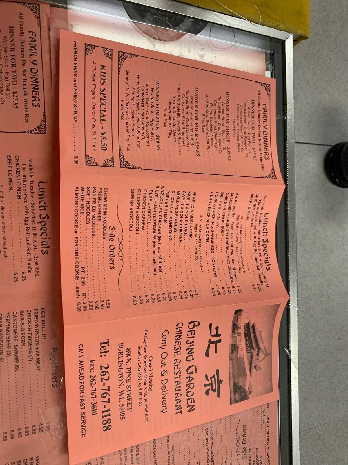 Menu at Beijing Garden restaurant, Burlington, 464 N Pine St