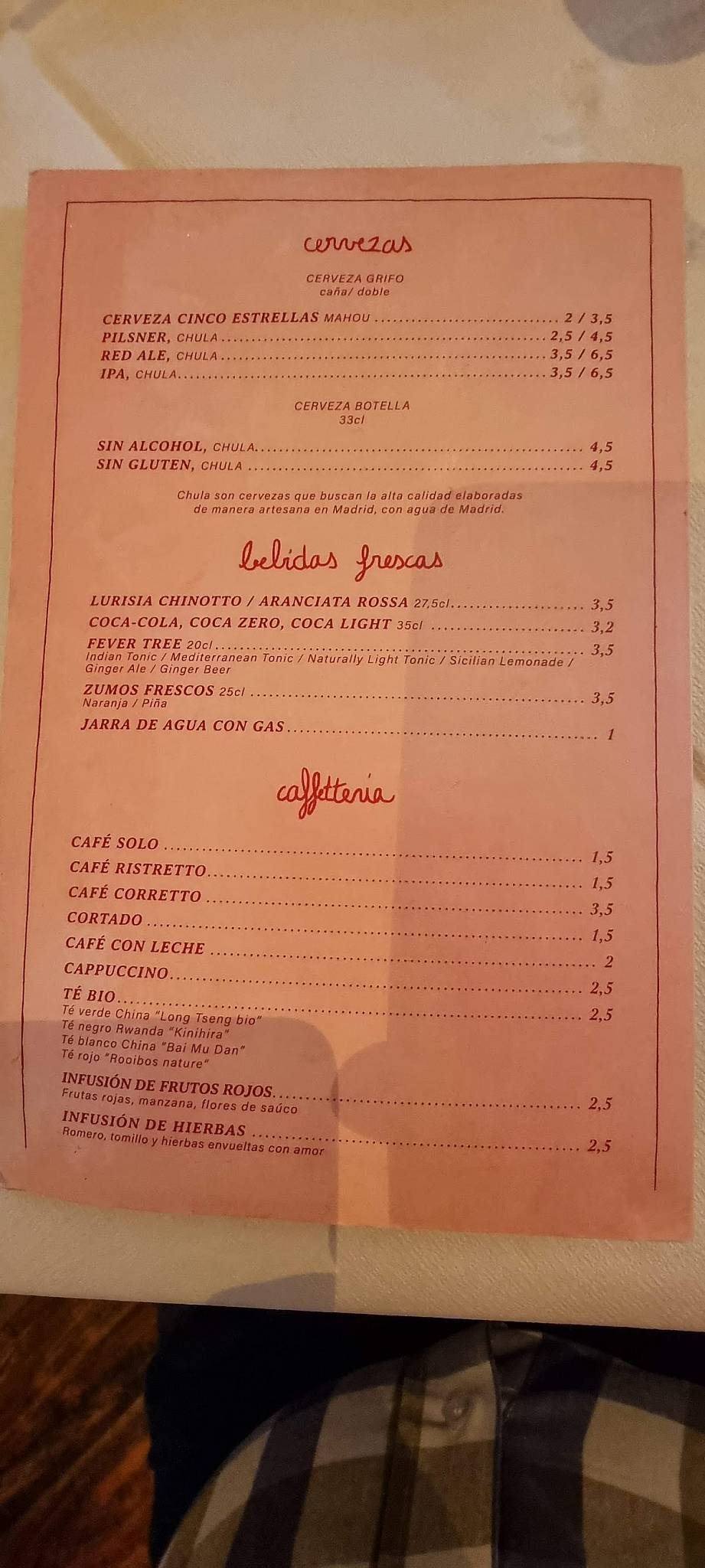 Carta de Restaurante Bel Mondo, Madrid