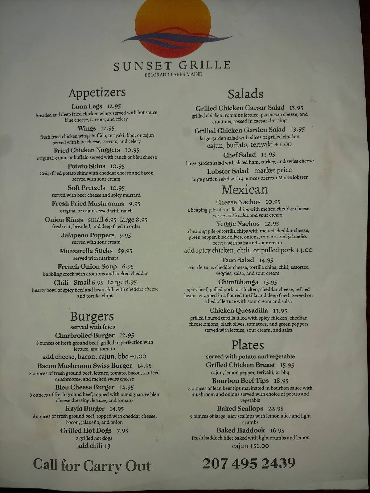 Menu at Sunset Grill pub & bar, Belgrade, 1214 West Rd