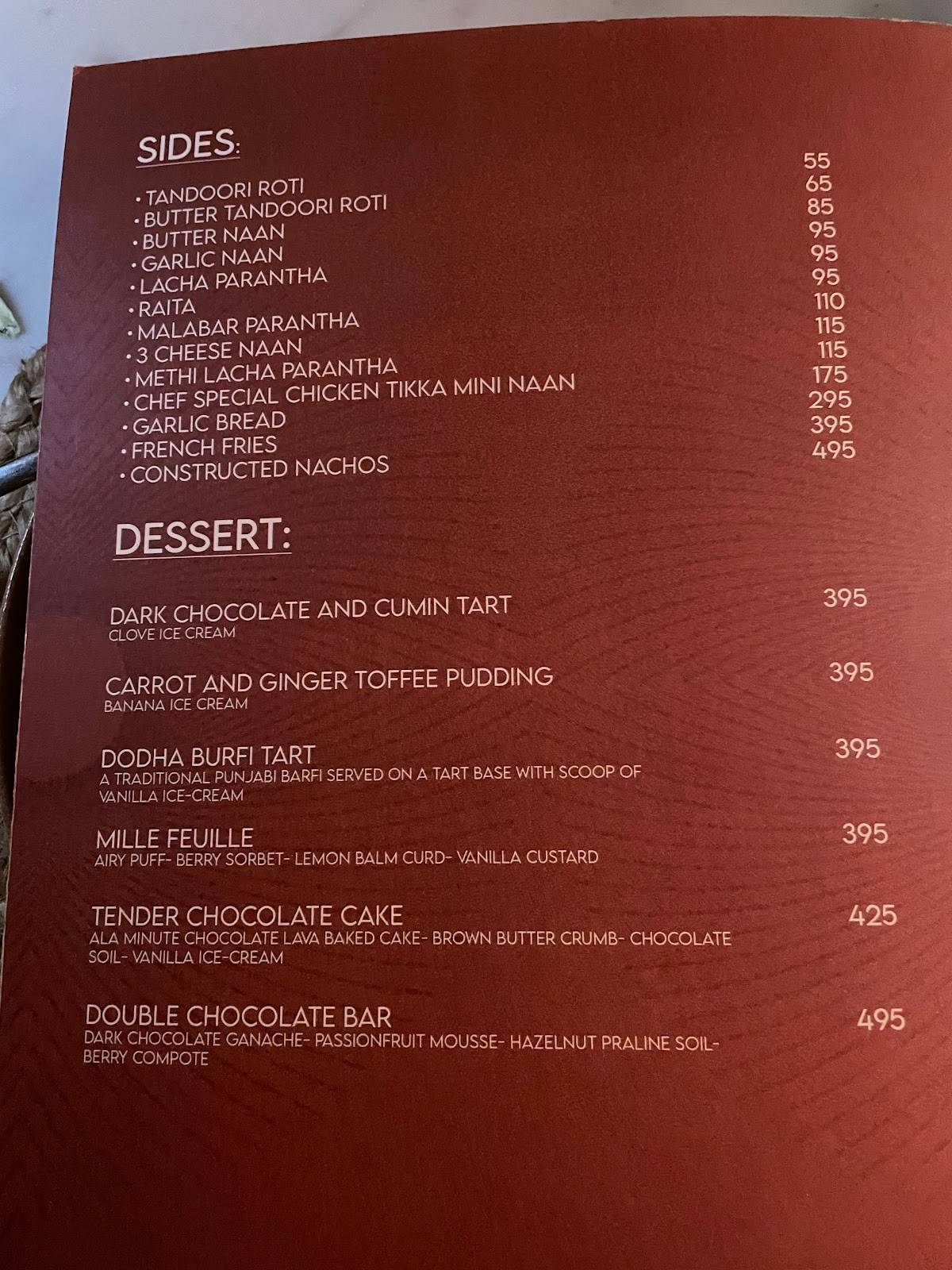 Menu at Bellagio, Gurugram