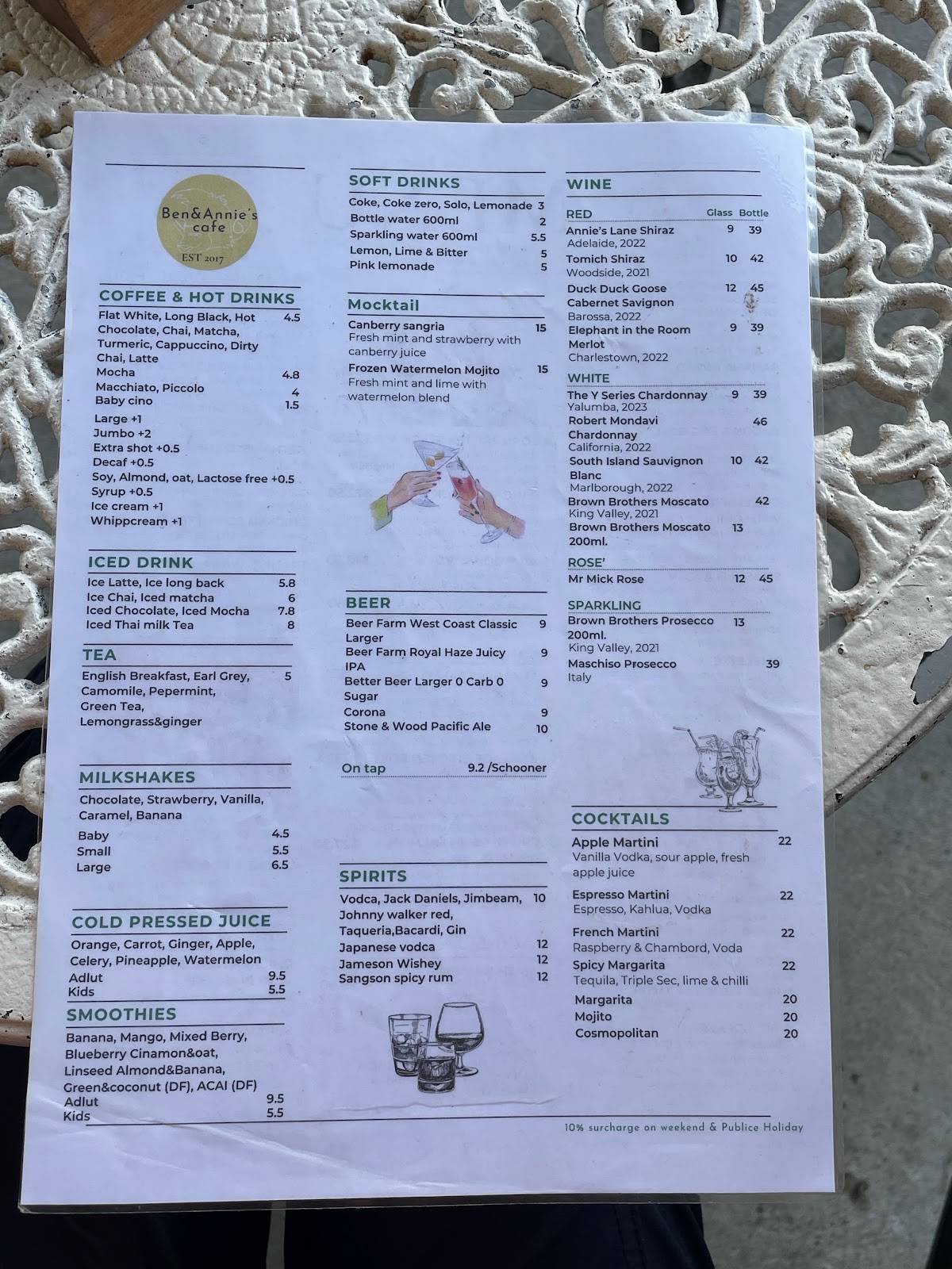 Menu at Ben & Annie’s cafe, Gymea Bay