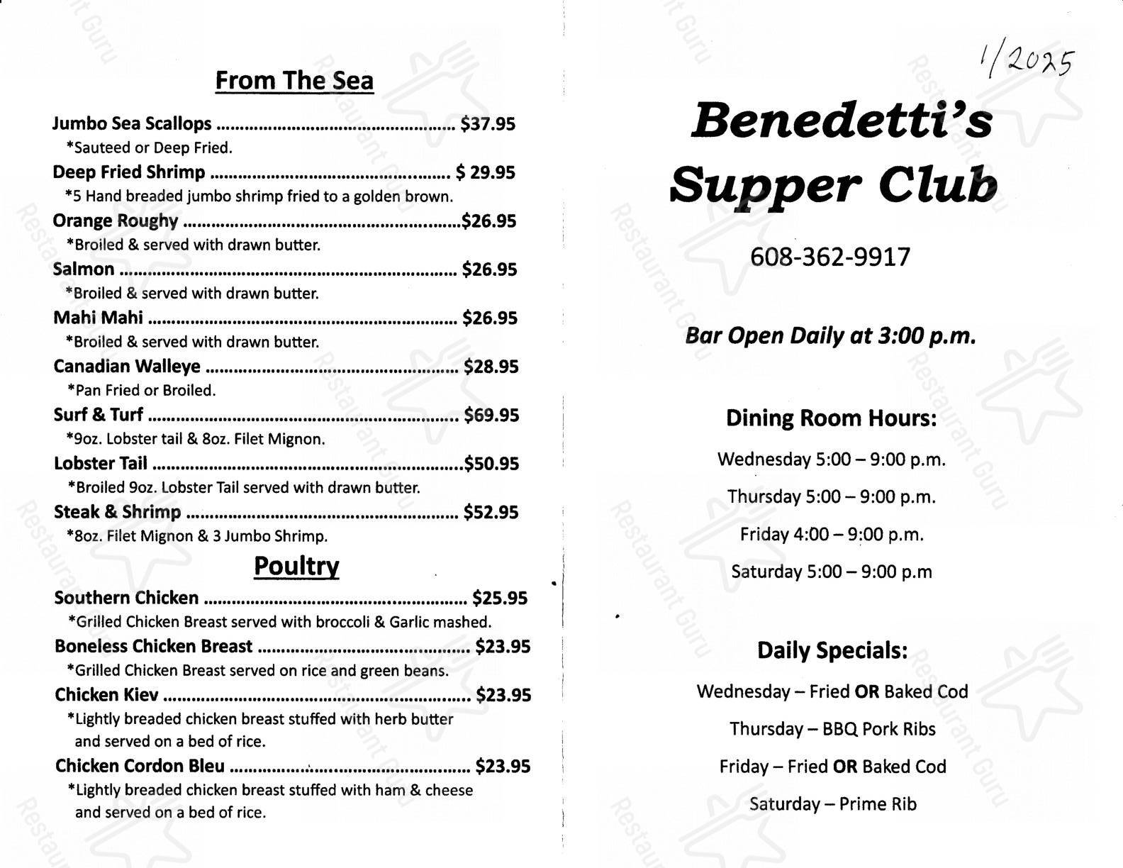 Menu at Benedetti's Supper Club, Beloit