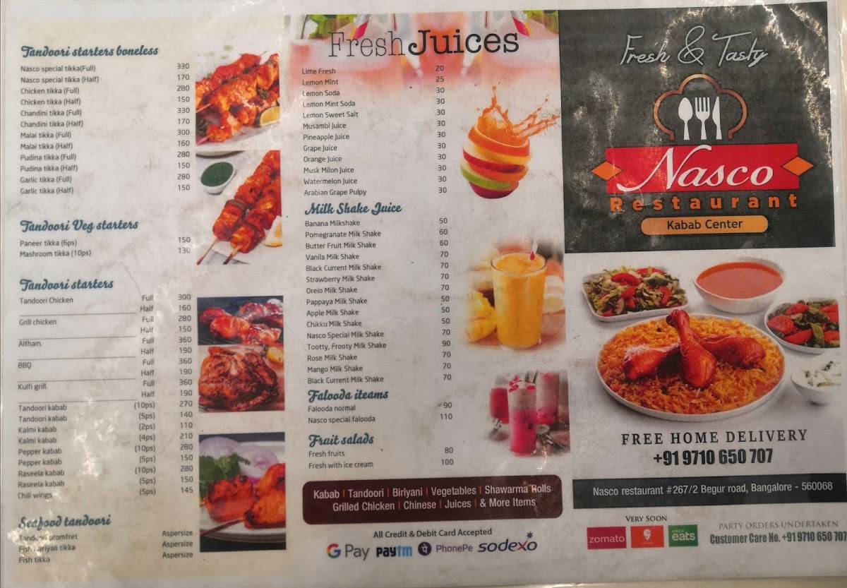 Menu at Nasco restaurant, Bengaluru