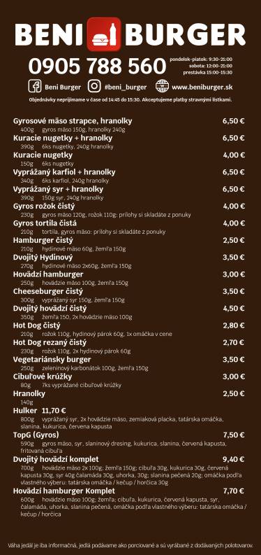 Menu at Beni Burger restaurant, Košice, Festivalové námestie 2