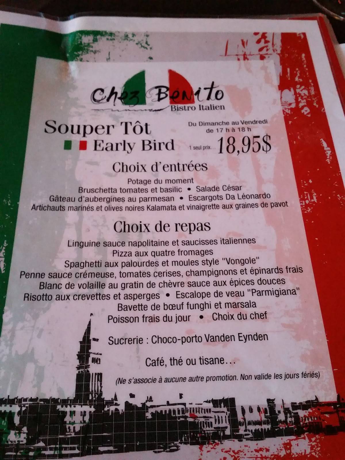 Menu au Benito Bistro Italien restaurant, Magog