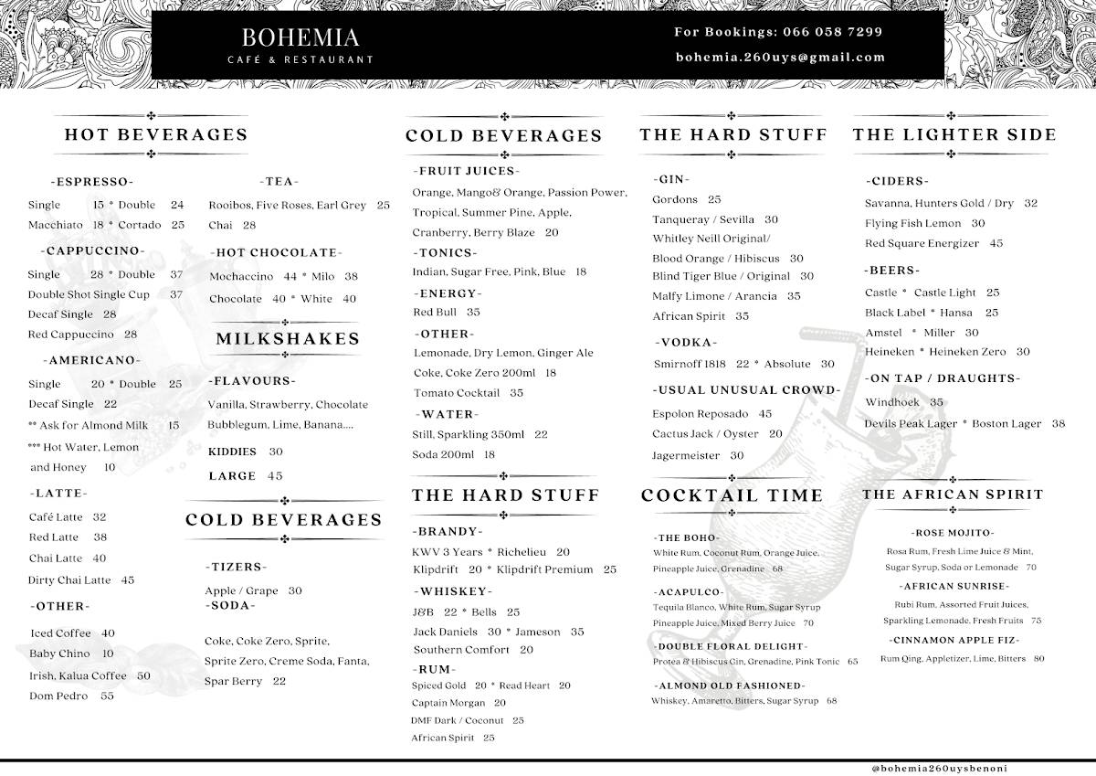Menu at Bohemia restaurant, Benoni