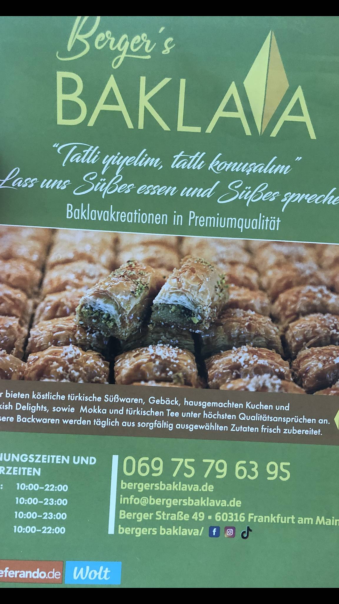 Menu au Berger’s BAKLAVA desserts, Francfort