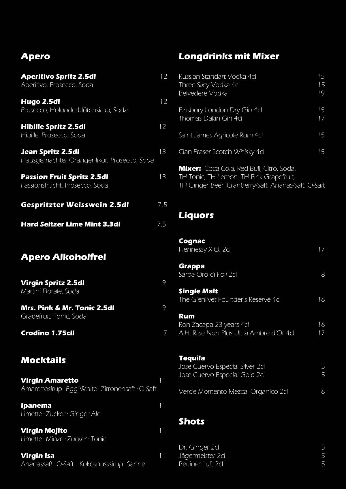 Menu at Bermuda - Restaurant. Lounge. Nightclub, Schaffhausen