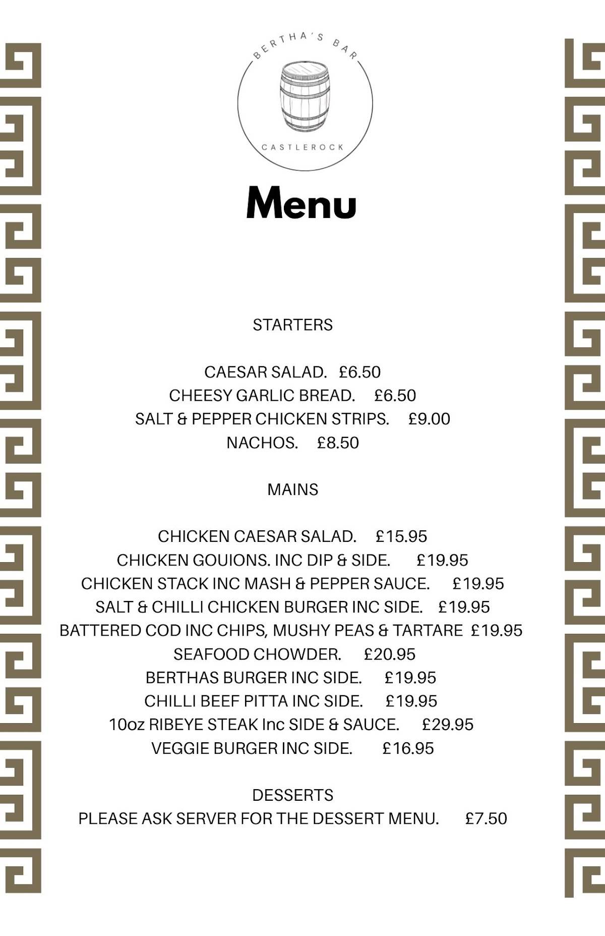 Menu at Bertha's Bar, Castlerock