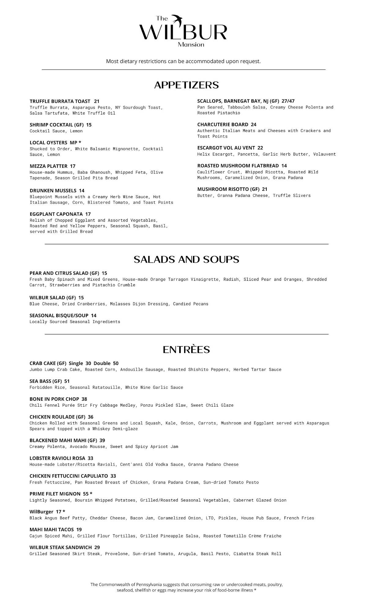 Menu at The Wilbur Mansion pub & bar, Bethlehem, 201 Cherokee St