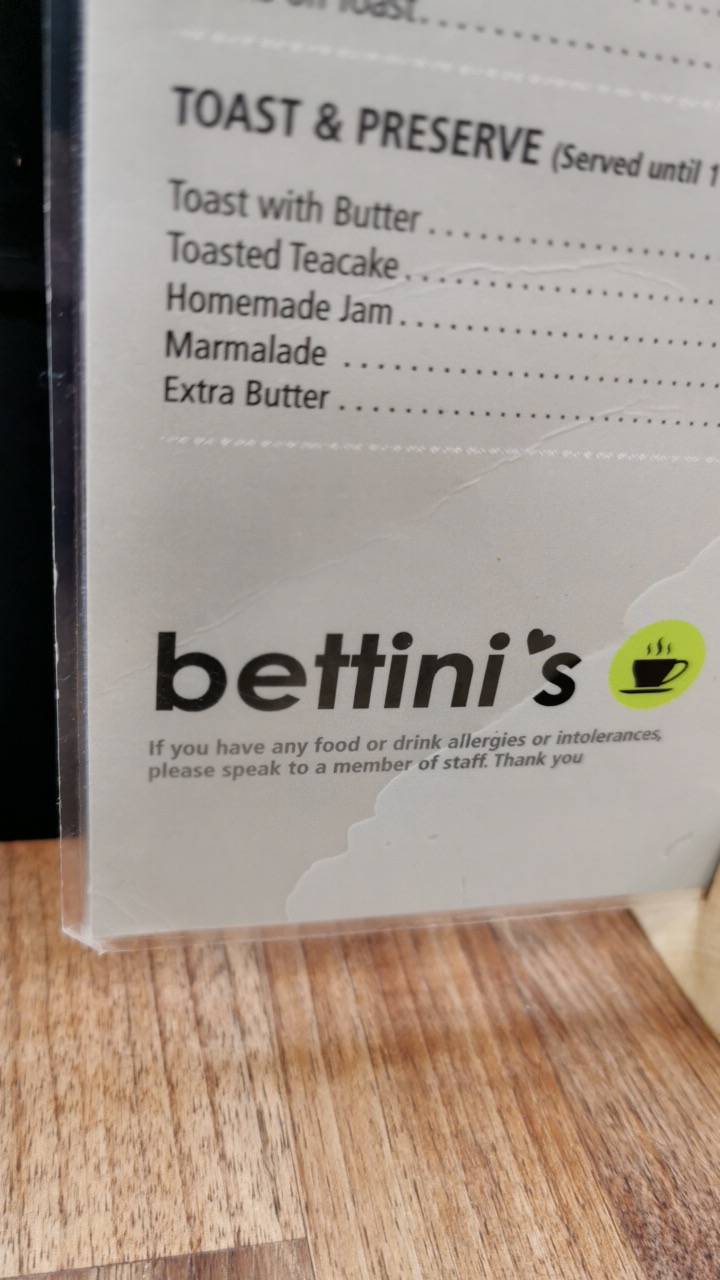 Menu at Bettini's cafe, Cramlington