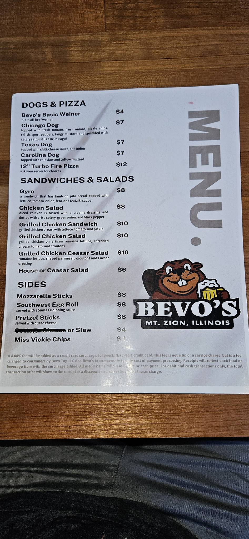 Menu at Bevo’s pub & bar, Mount Zion