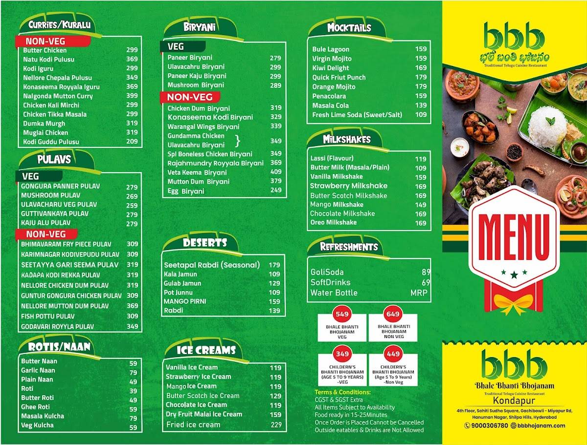 Menu at Bhale Bhanti Bhojanam, Hyderabad