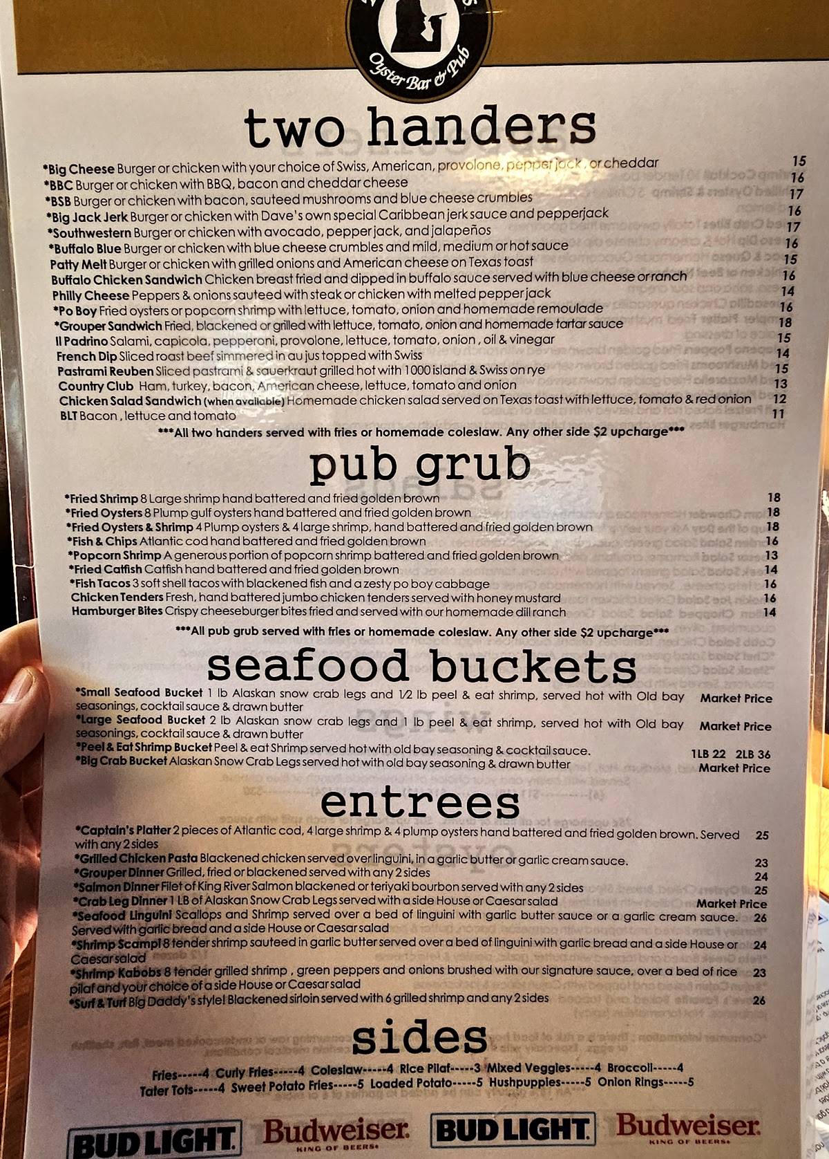 Menu at Big Daddy’s Oyster Bar, Peachtree City