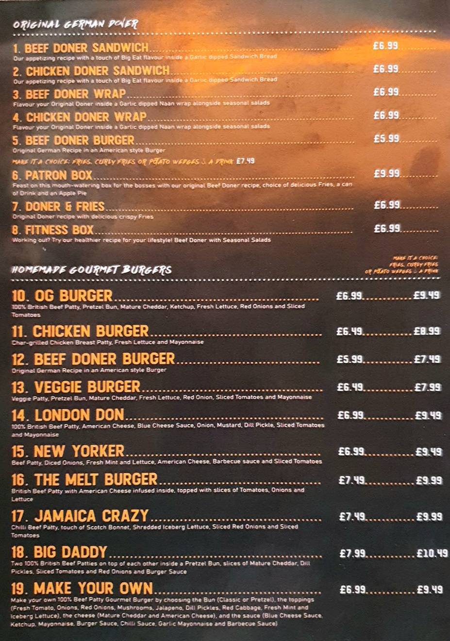 Menu at Big Eat German Doner restaurant, London