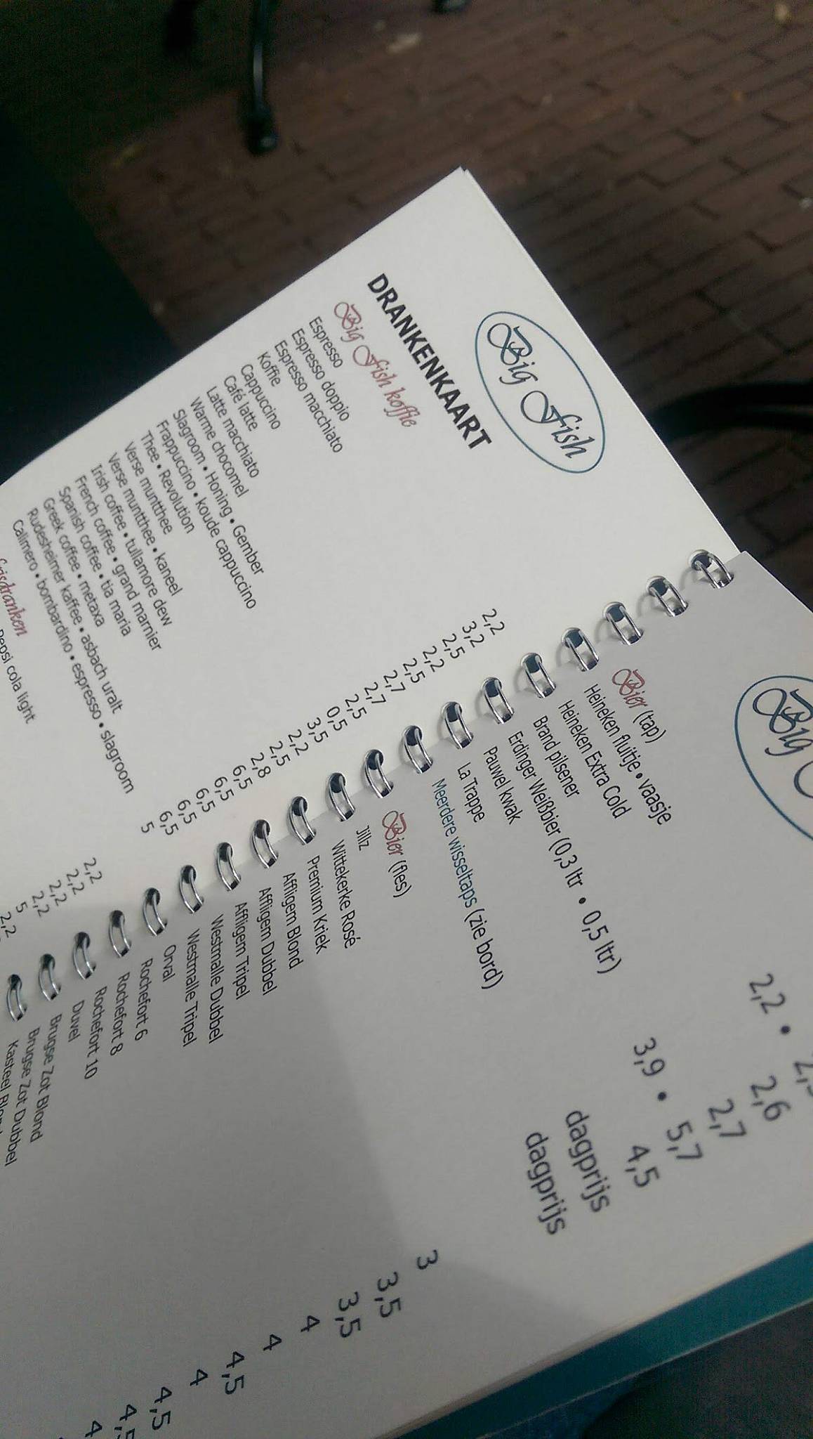 Menu at Big Fish, Huissen
