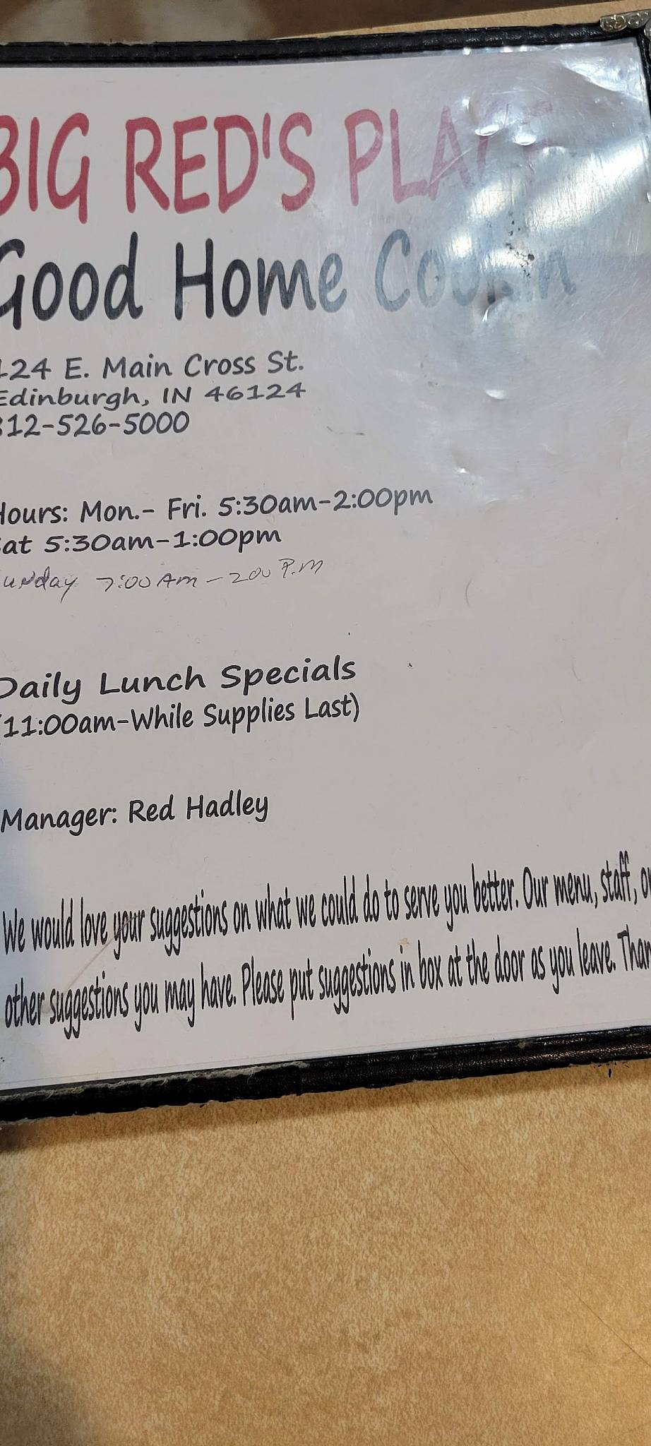 Menu at Big Red's Place restaurant, Edinburgh