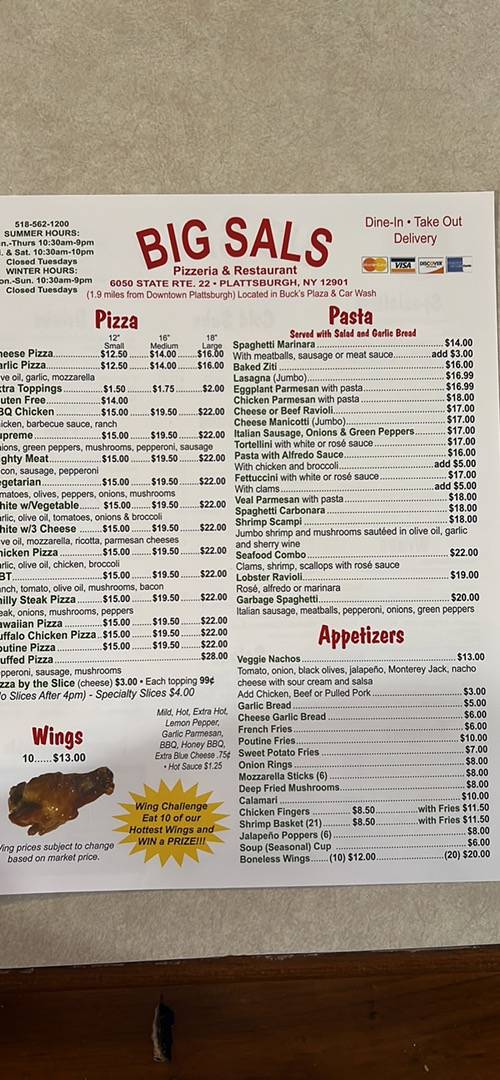 Menu at Big Sal's Pizzeria & Restaurant, Plattsburgh