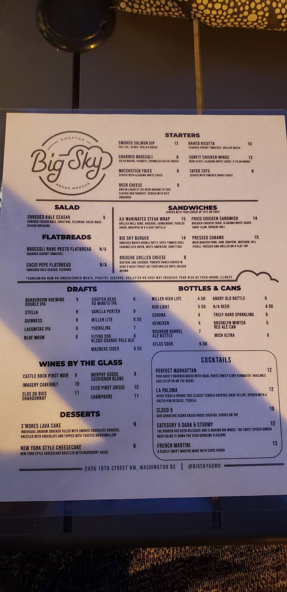 Menu at Big Sky Rooftop Restaurant, Washington