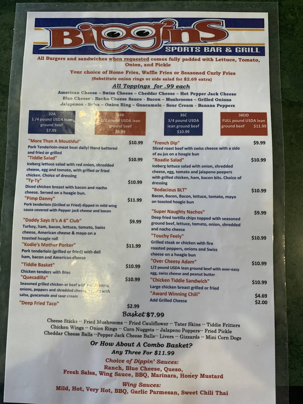 Menu at Biggins Sports Bar & Grill, Saint Joseph