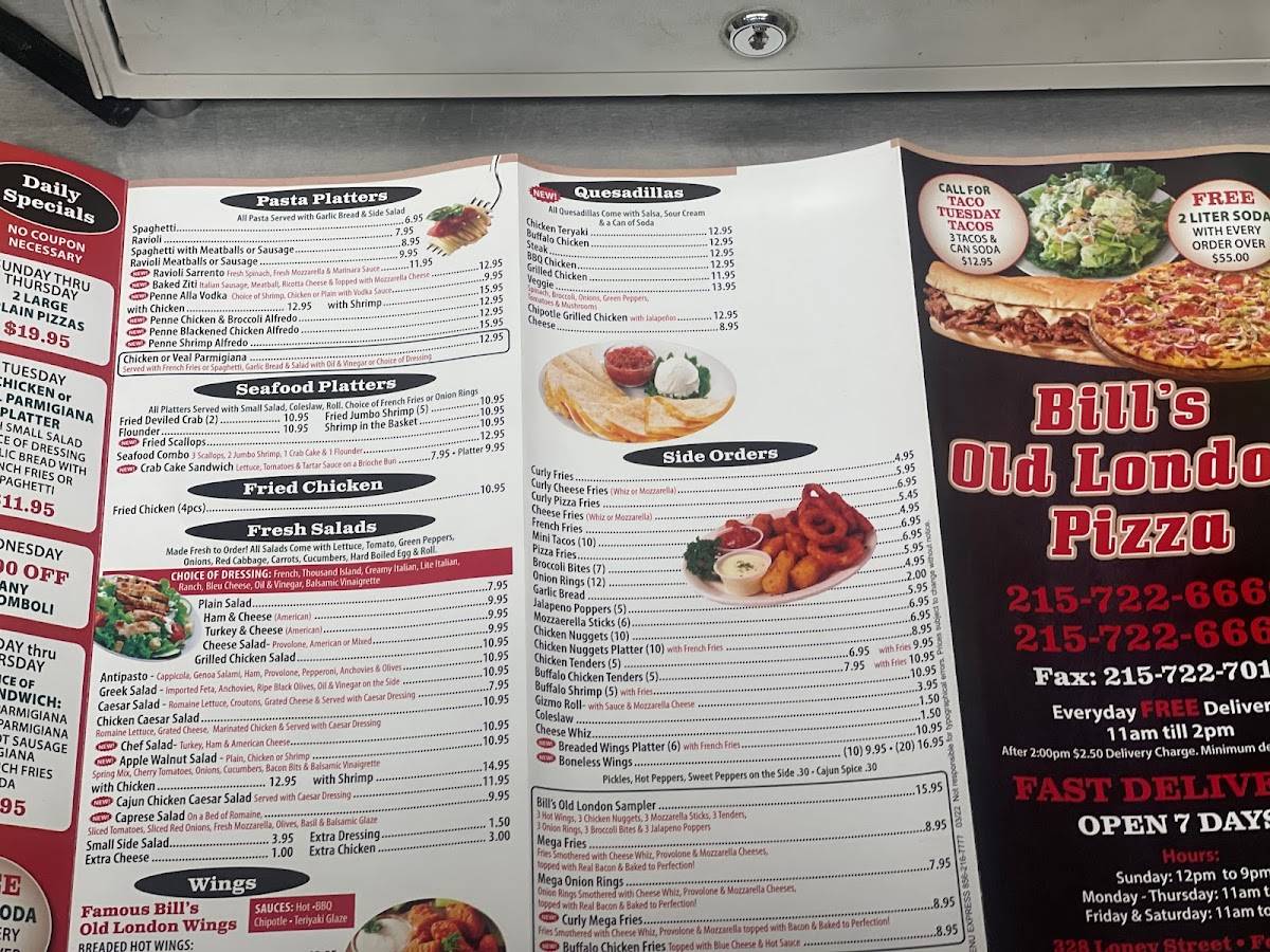 Menu at Bill's Old London Pizza pizzeria, Philadelphia, 328 Loney St