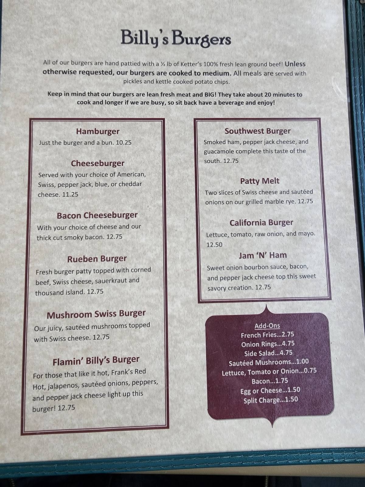 Menu at Billy's Corner Bar & Grill, Vergas