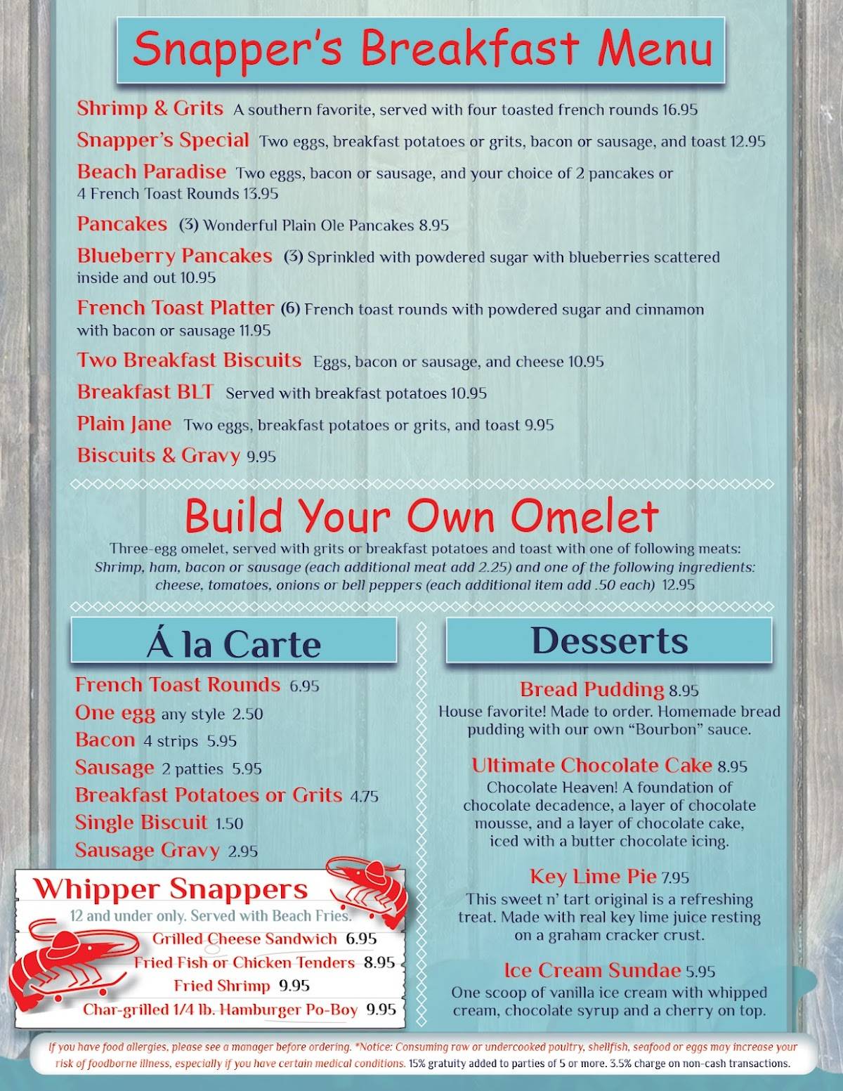 Menu at Snapper's Seafood restaurant, Biloxi, Beach Blvd