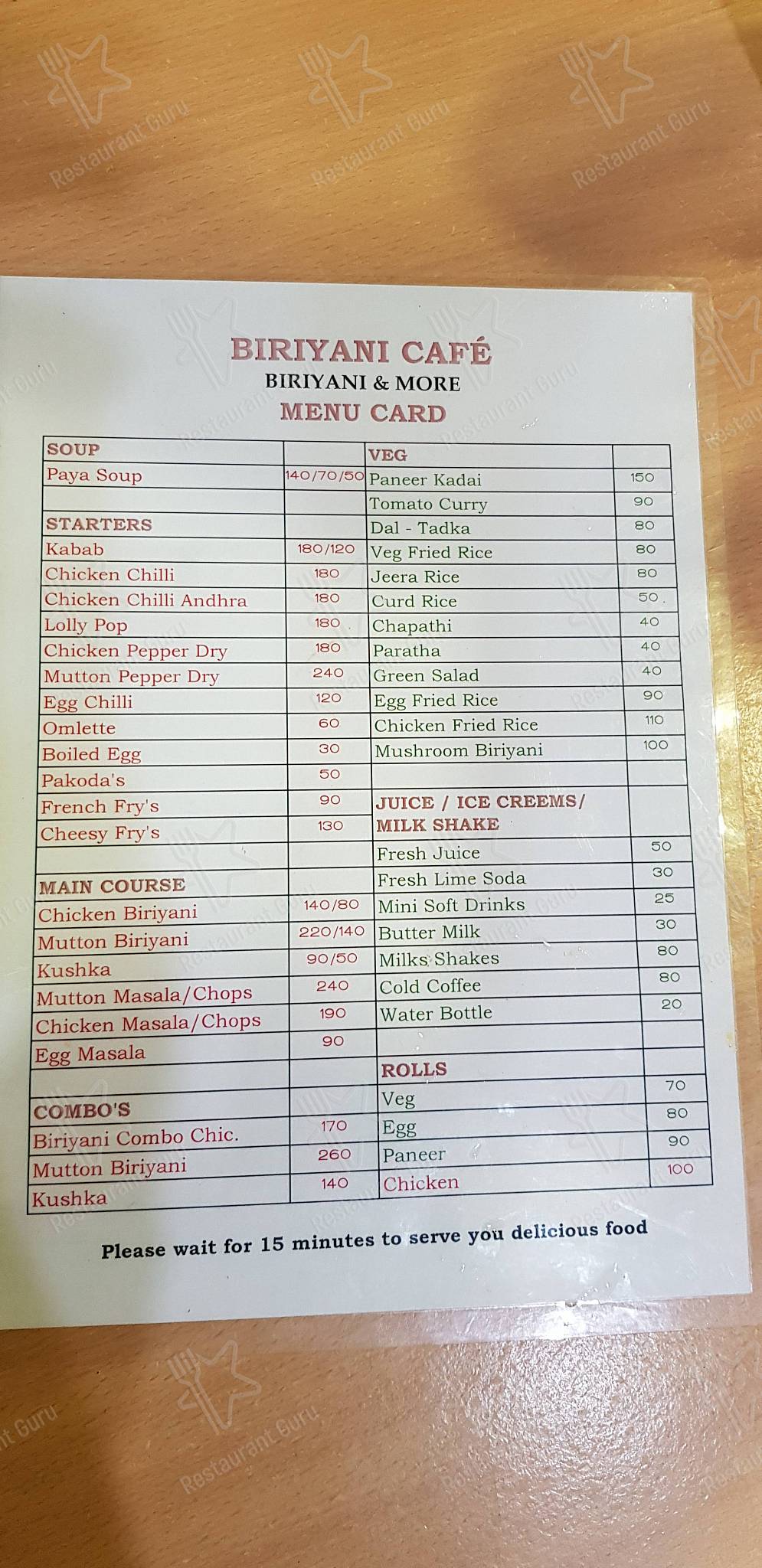 Menu at Biriyani cafe, Shivamogga