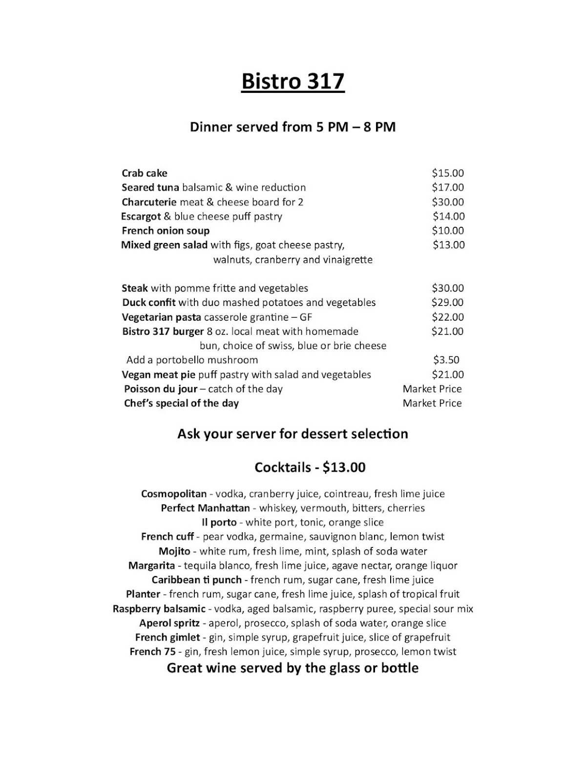Menu at Bistro 317 pub & bar, Grand Junction